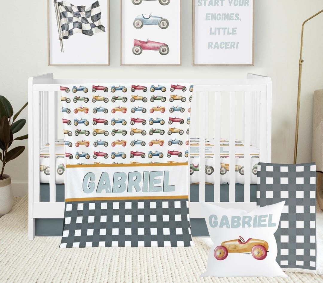 Personalized Vintage Race Car Crib Bedding Set, Custom Baby Boy Nursery ...