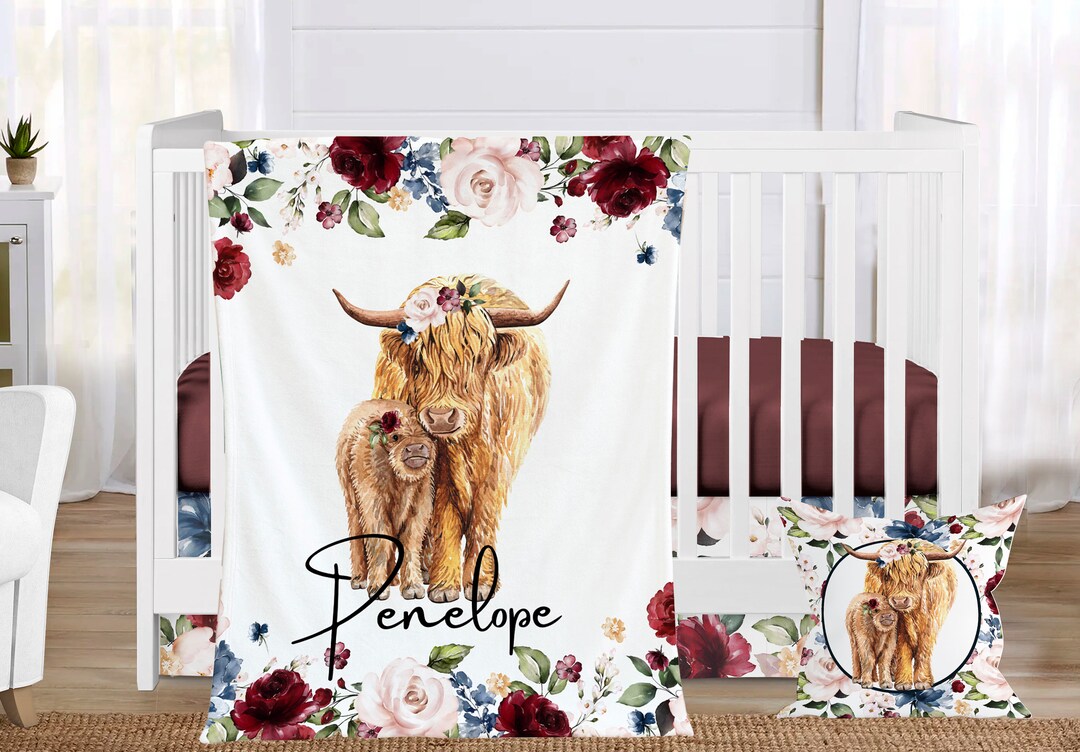 Floral Highland Cow Baby Girl Crib Bedding Set - Etsy