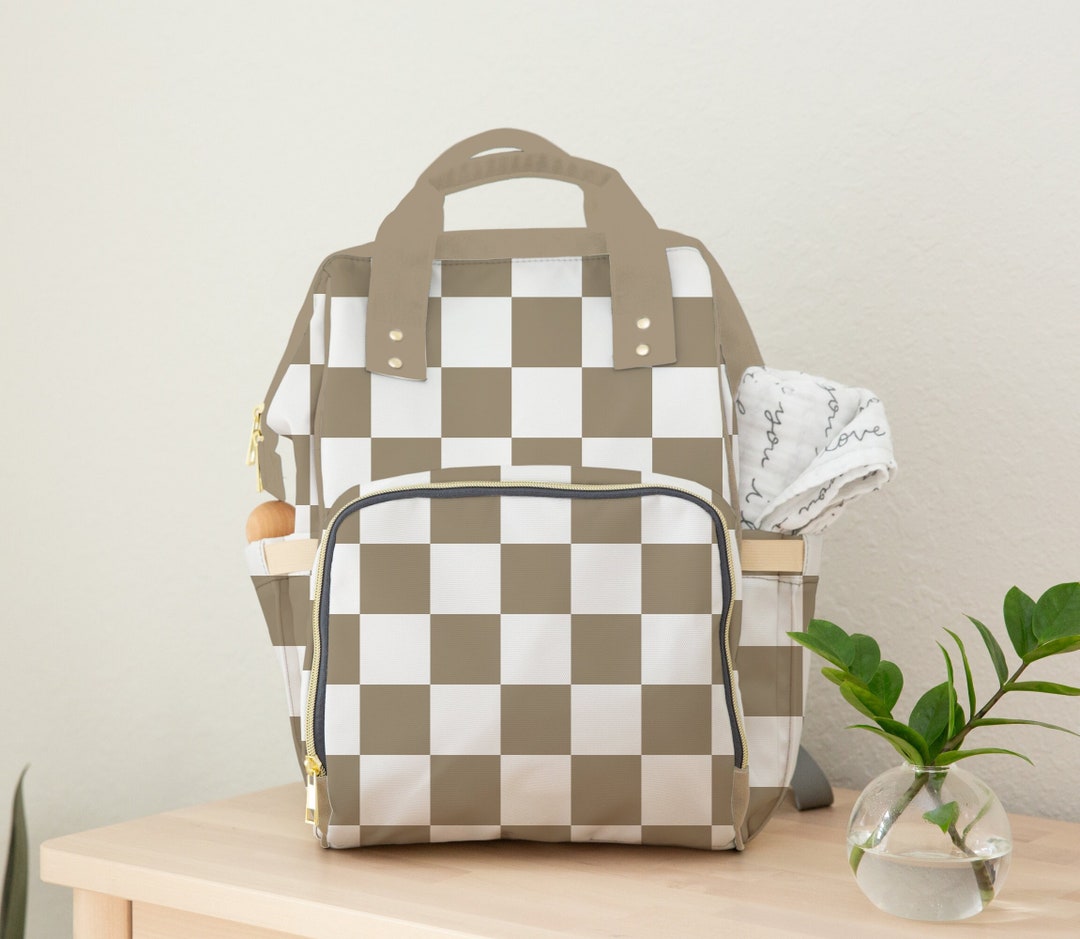 Diaper Bag Backpack in Tan Checker, Neutral Backpack Diaper Bag, Check ...
