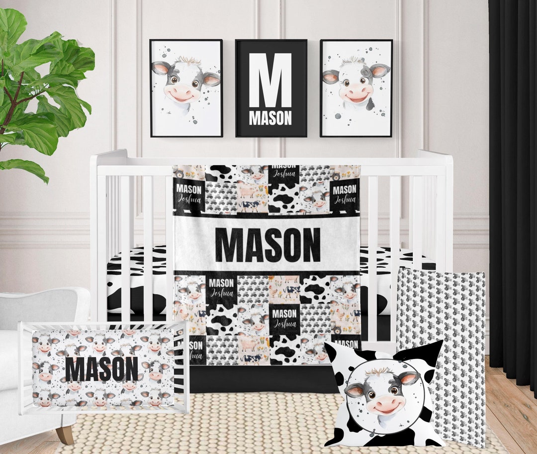 Cow Crib Bedding Set, Black and White Baby Nursery Bedding, Farm Animal ...