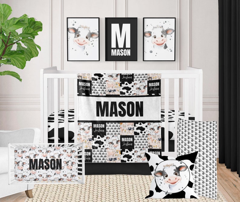 Cow Crib Bedding Set, Black and White Baby Nursery Bedding, Farm Animal ...