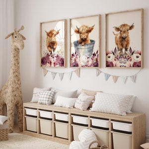 Cow Art Prints for Nursery, Highland Cow Wall Decor Baby Girl Themed ...