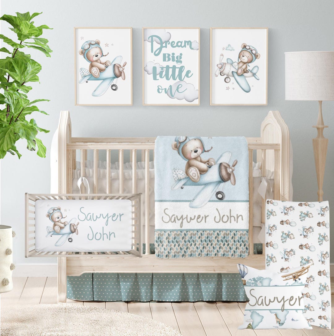 Airplane Nursery Crib Bedding Set: Teddy Bear Baby Blanket ...
