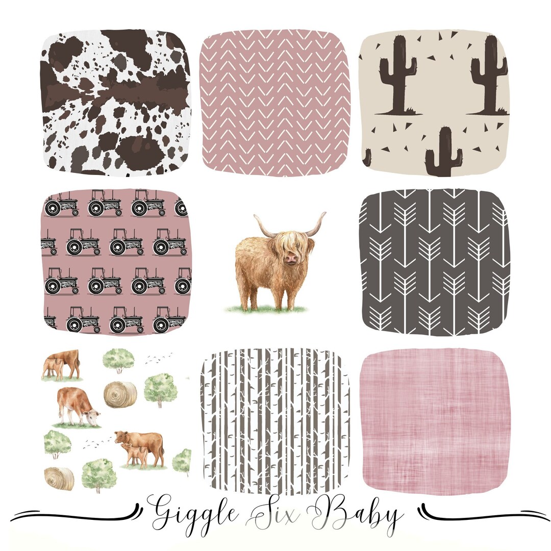 Farm Crib Bedding Pattern Options, Custom Baby Girl Bedding, Highland ...