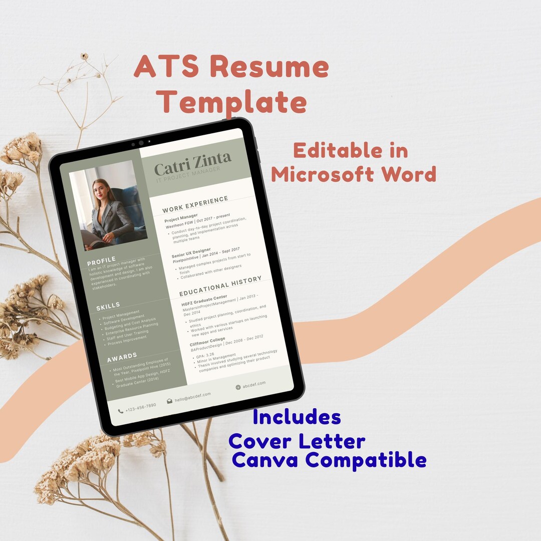 Modern ATS Resume Template Word, Editable Professional CV With Cover ...