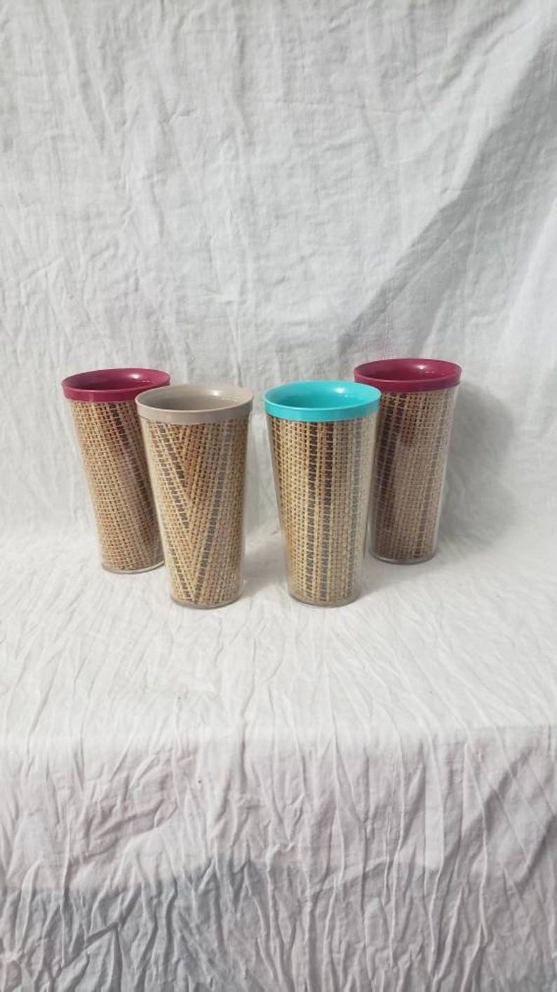 Vintage Raffia Ware Tumblers Set of 4 Straw Weave Plastic Cups Retro ...