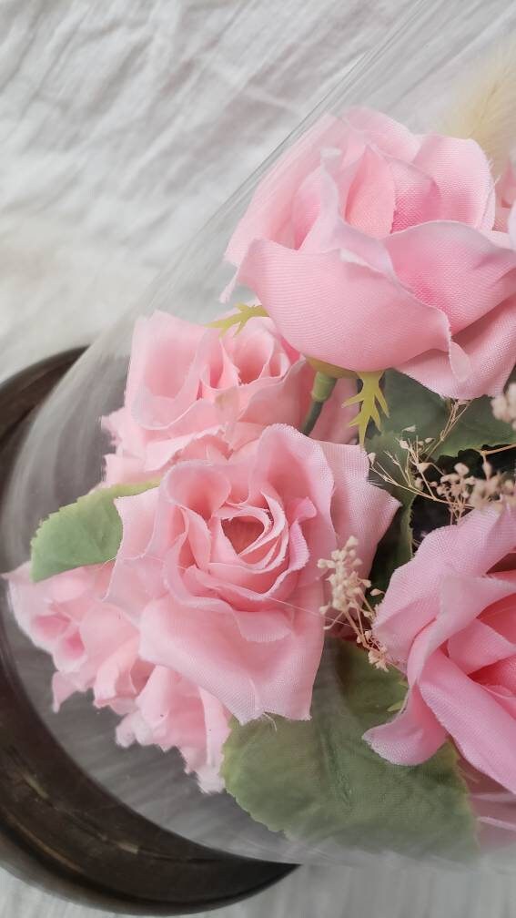 Vintage Glass Terrarium Pink Faux Roses Flower Globe Boho Decor 1970s ...