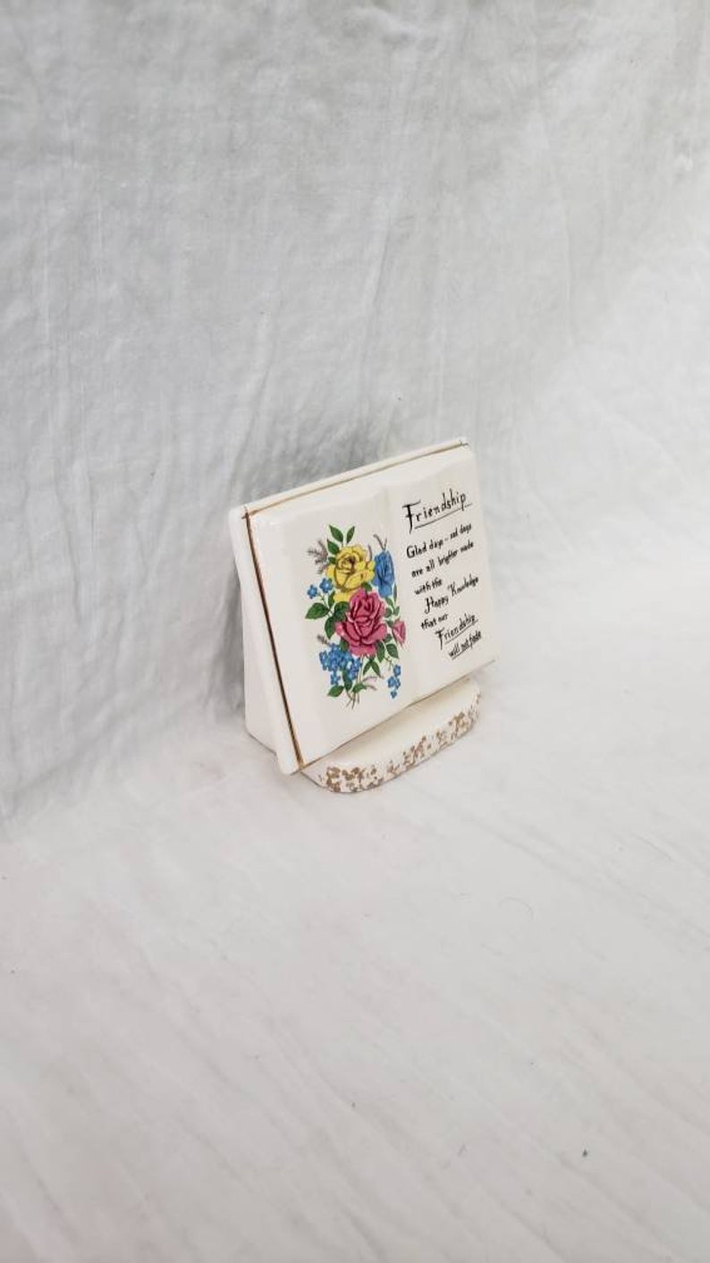 Vintage Ceramic Book Wall Pocket Planter Stand Friendship Quote Made in ...