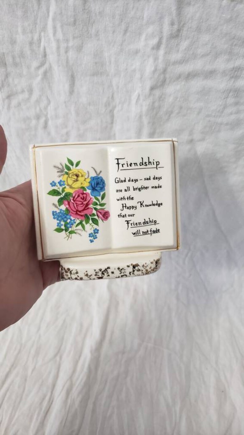Vintage Ceramic Book Wall Pocket Planter Stand Friendship Quote Made in ...