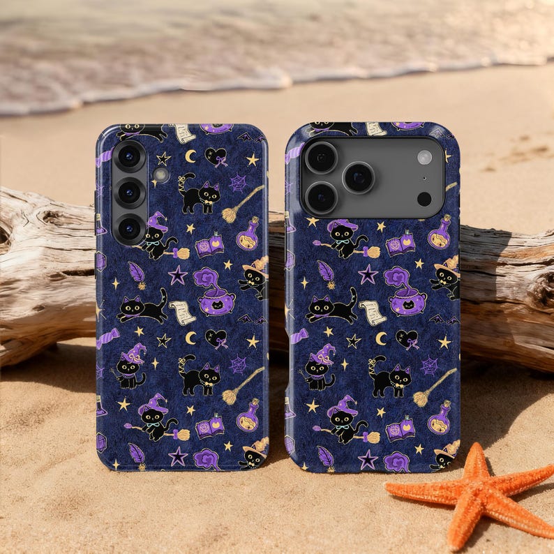 Spooky Kawaii Witch Cat Design Phone Case for iPhone 17 16e 15 14 13 12 ...