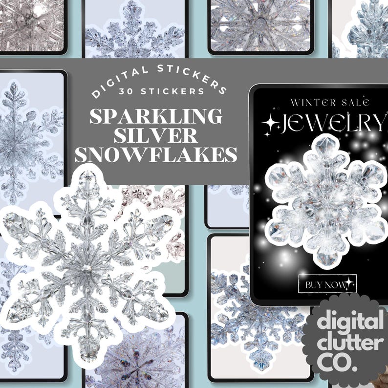 Sparkling Silver Snowflakes Clip Art | 30 Digital Stickers | Crystal ...