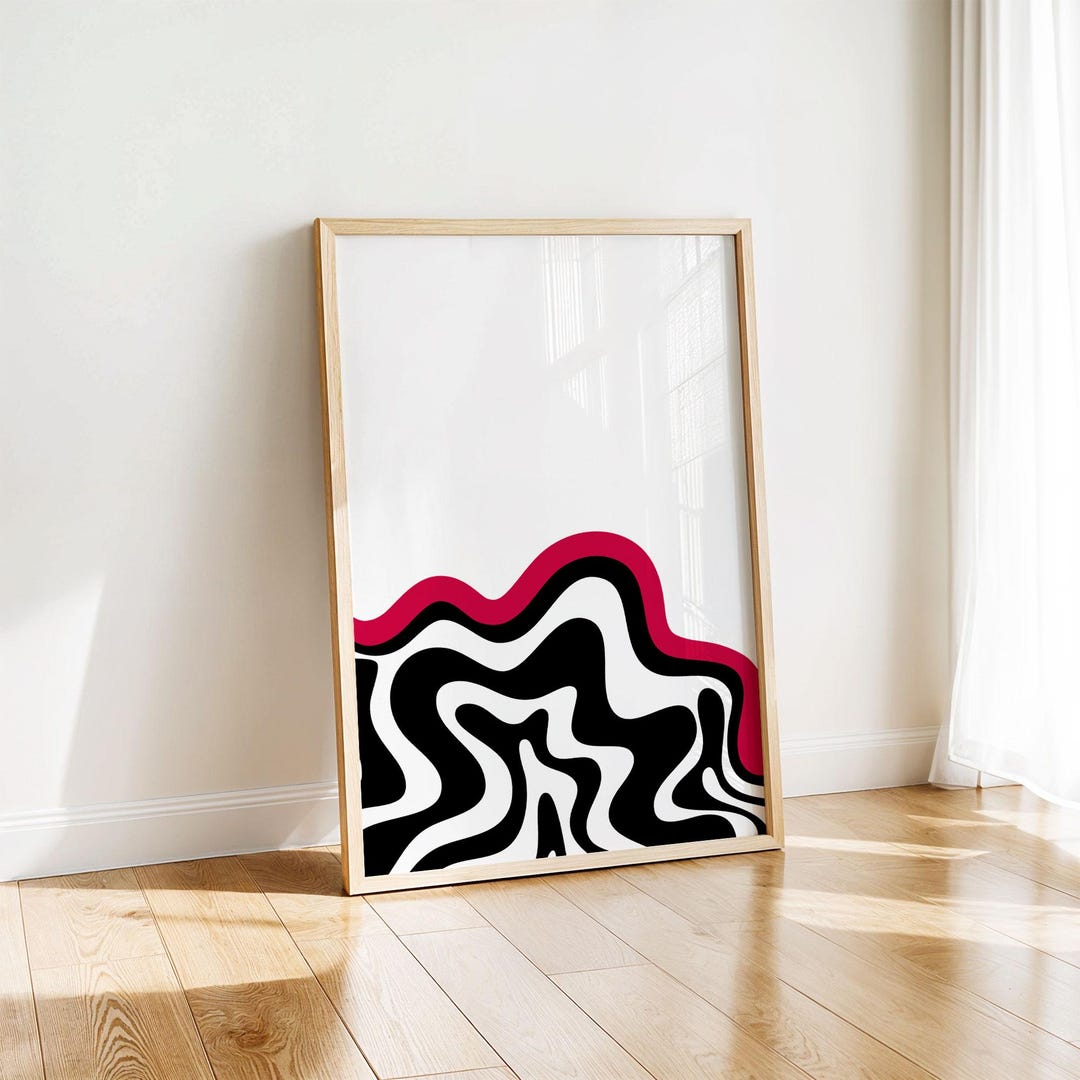Mid-century Modern Wavy Line Art Print, Black White Red Poster ...