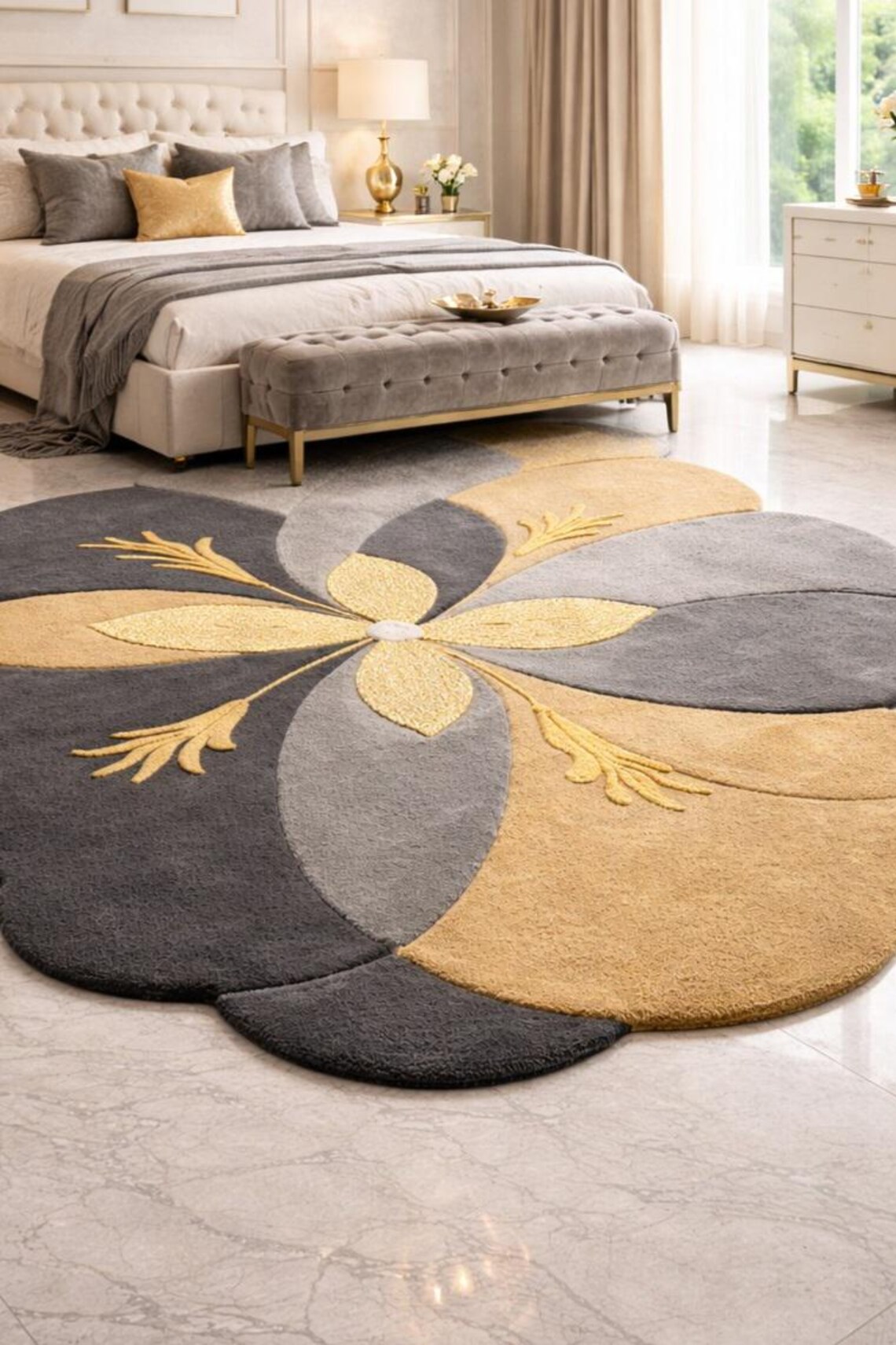 Handmade Grey & Gold Floral Rug | Tufted Flower Shape Carpet - Etsy