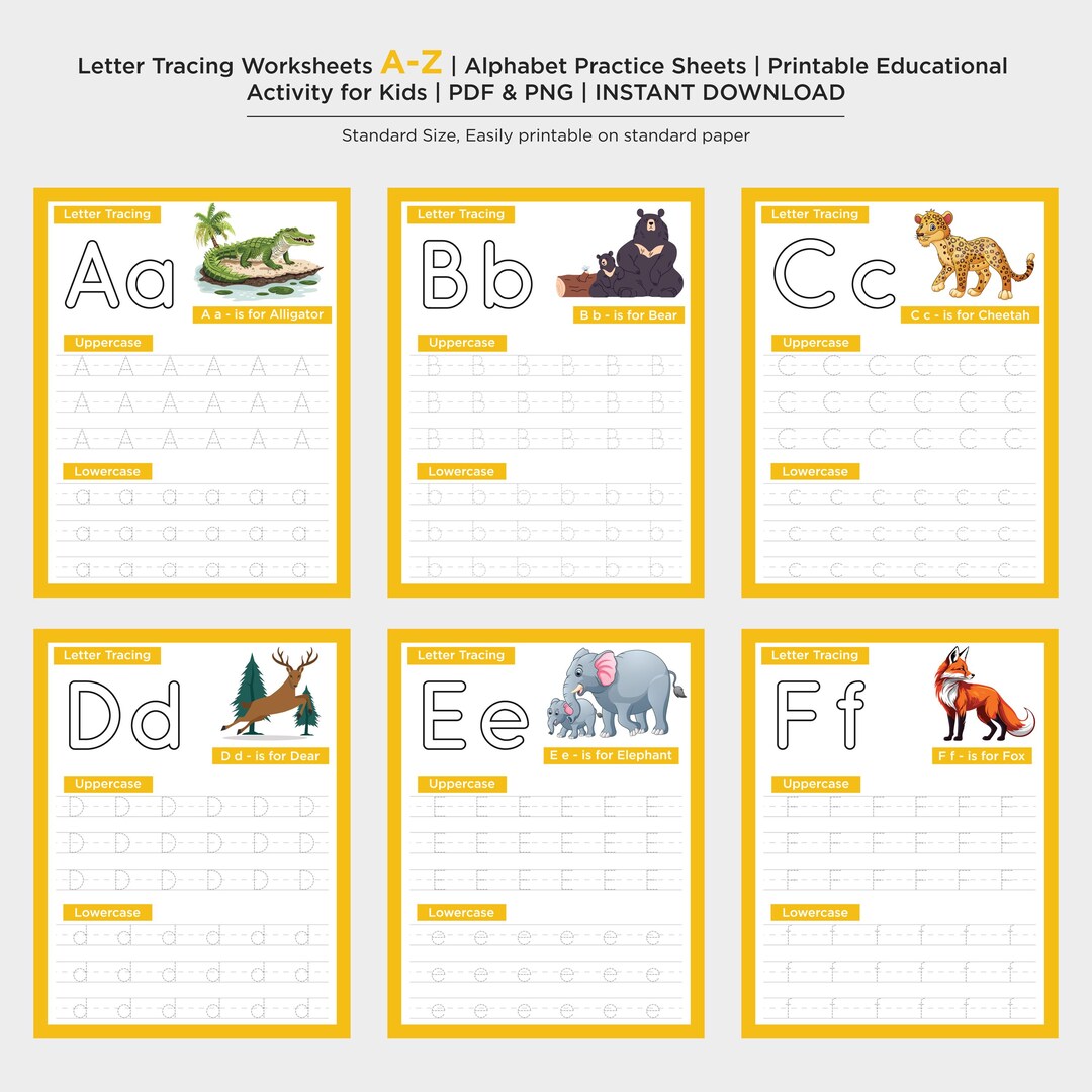 Letter Tracing A-Z Worksheets for Kids, Animal Alphabet Practice ...