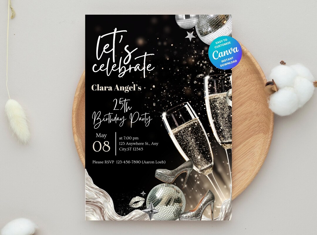 Luxury Birthday Party Invitation | Champagne, Disco (editable Text Only ...