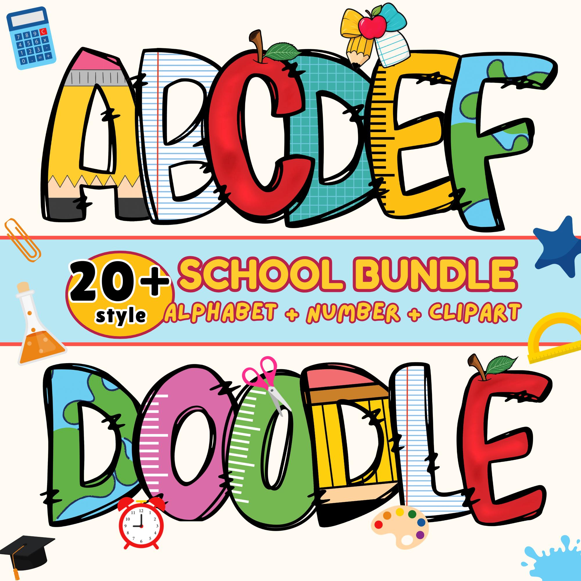 School Doodle Alphabet Number PNG Bundle, Preppy Student Font for ...