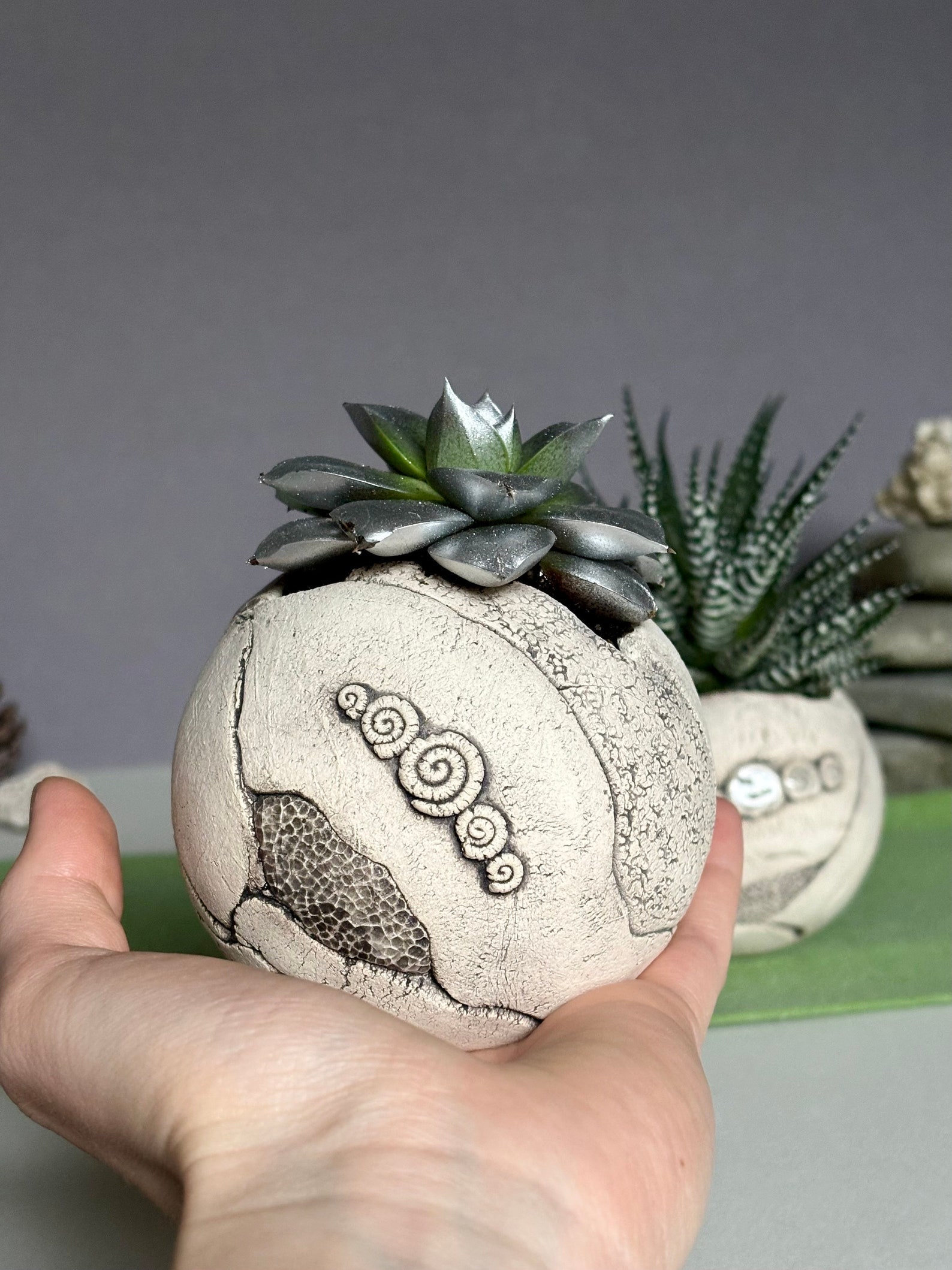 Set of 2 Small Ceramic Outdoor Pots, Sphere Planters for Succulents ...