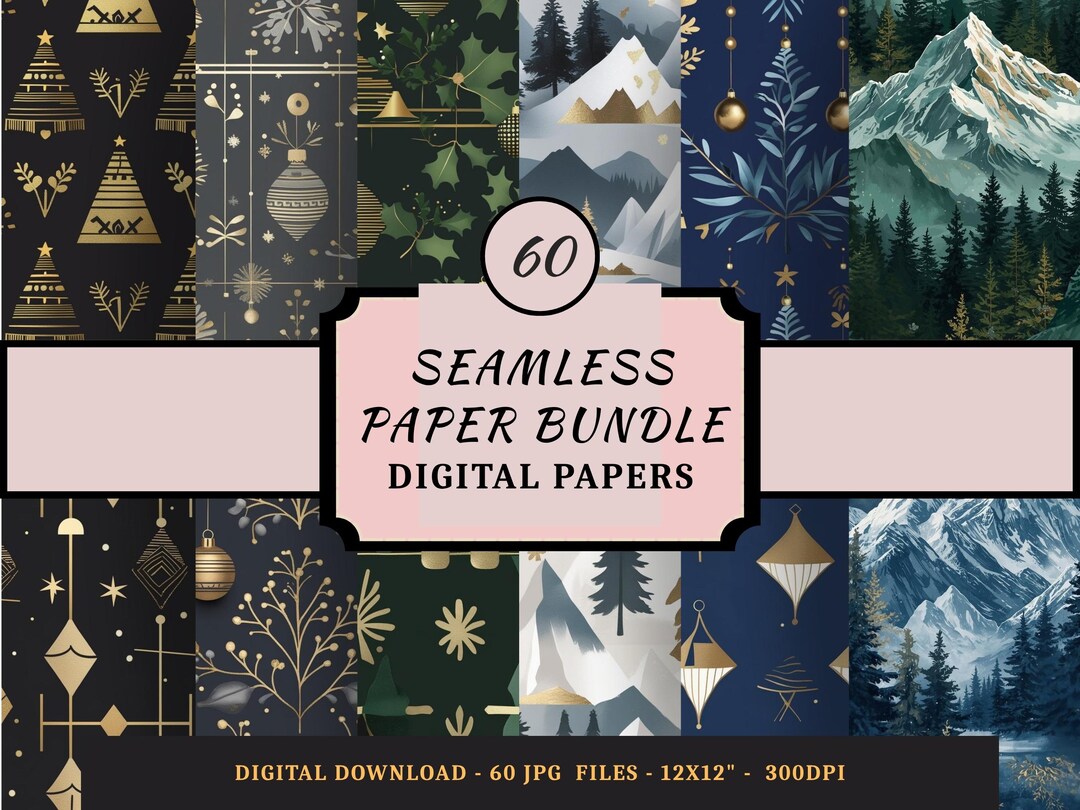 60 Decorative, Holiday, Metallic Digital Paper Bundle, Commercial Use ...