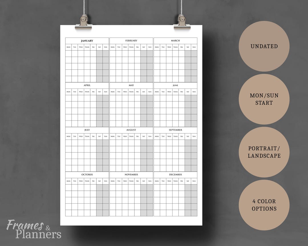 Minimalist 12-month Calendar Poster • Grid Wall Planner • Office • Home ...