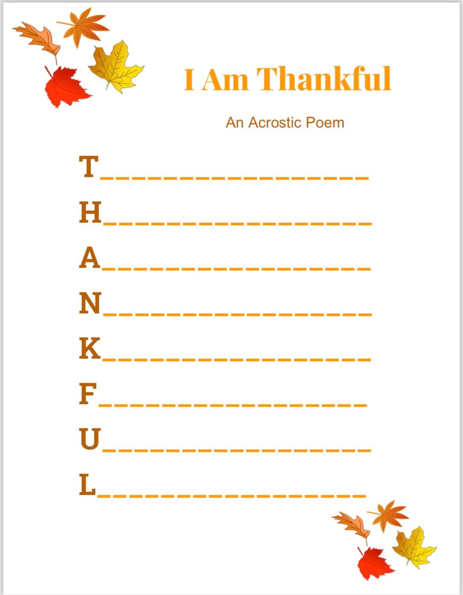 I Am Thankful Acrostic Poem Printable for Kids - Etsy
