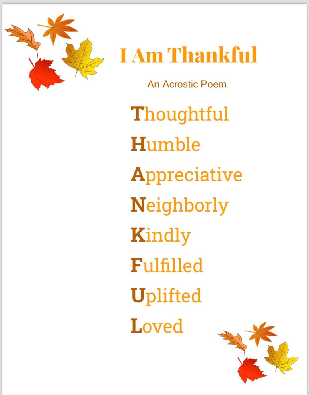 I Am Thankful Acrostic Poem Printable for Kids - Etsy