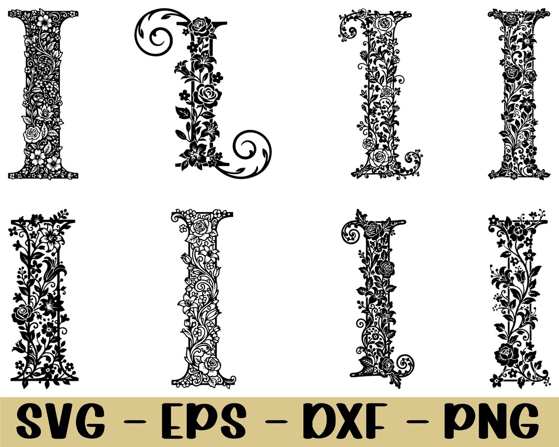 Decorative Floral Letter I Svg, Floral Alphabet I Silhouette, Dxf, Png ...