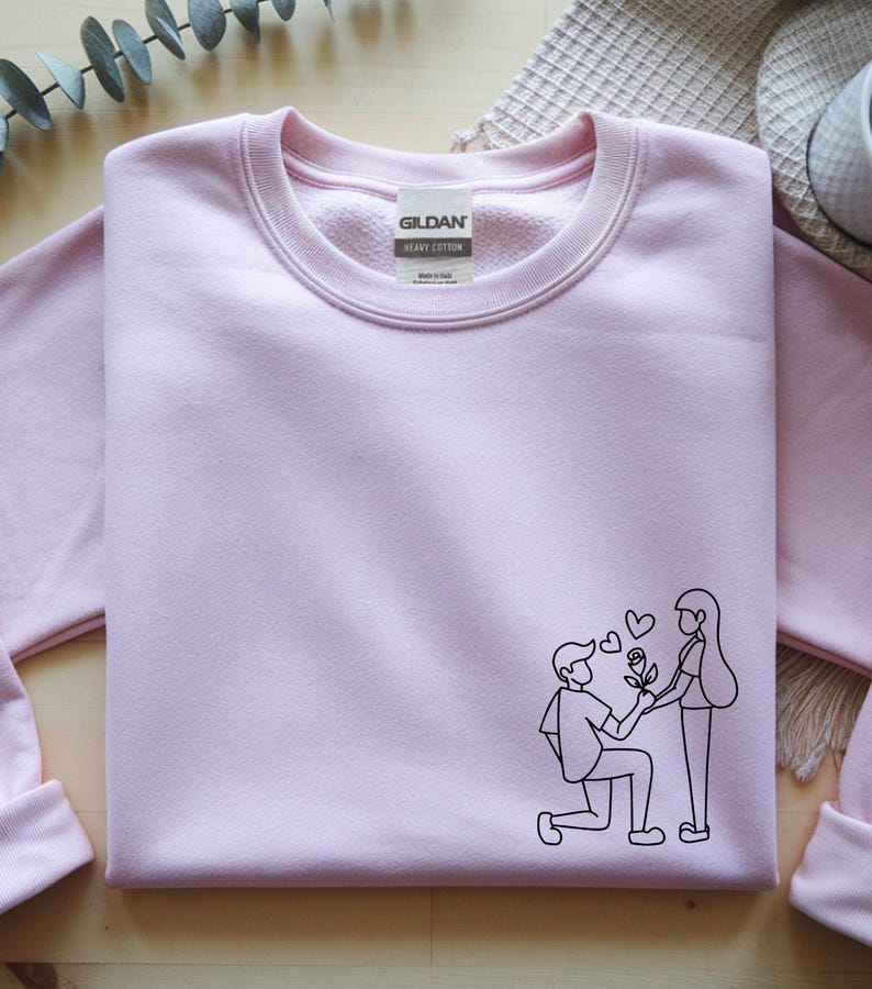 Embroidered Romantic Couple Line Art Sweatshirt - Man Kneeling & Giving ...