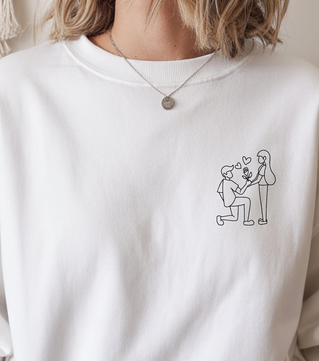 Embroidered Romantic Couple Line Art Sweatshirt - Man Kneeling & Giving ...