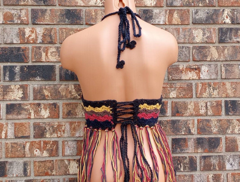 Earthy Fringe Halter Festival Crochet Top, Crochet Vintage 70's Halter ...