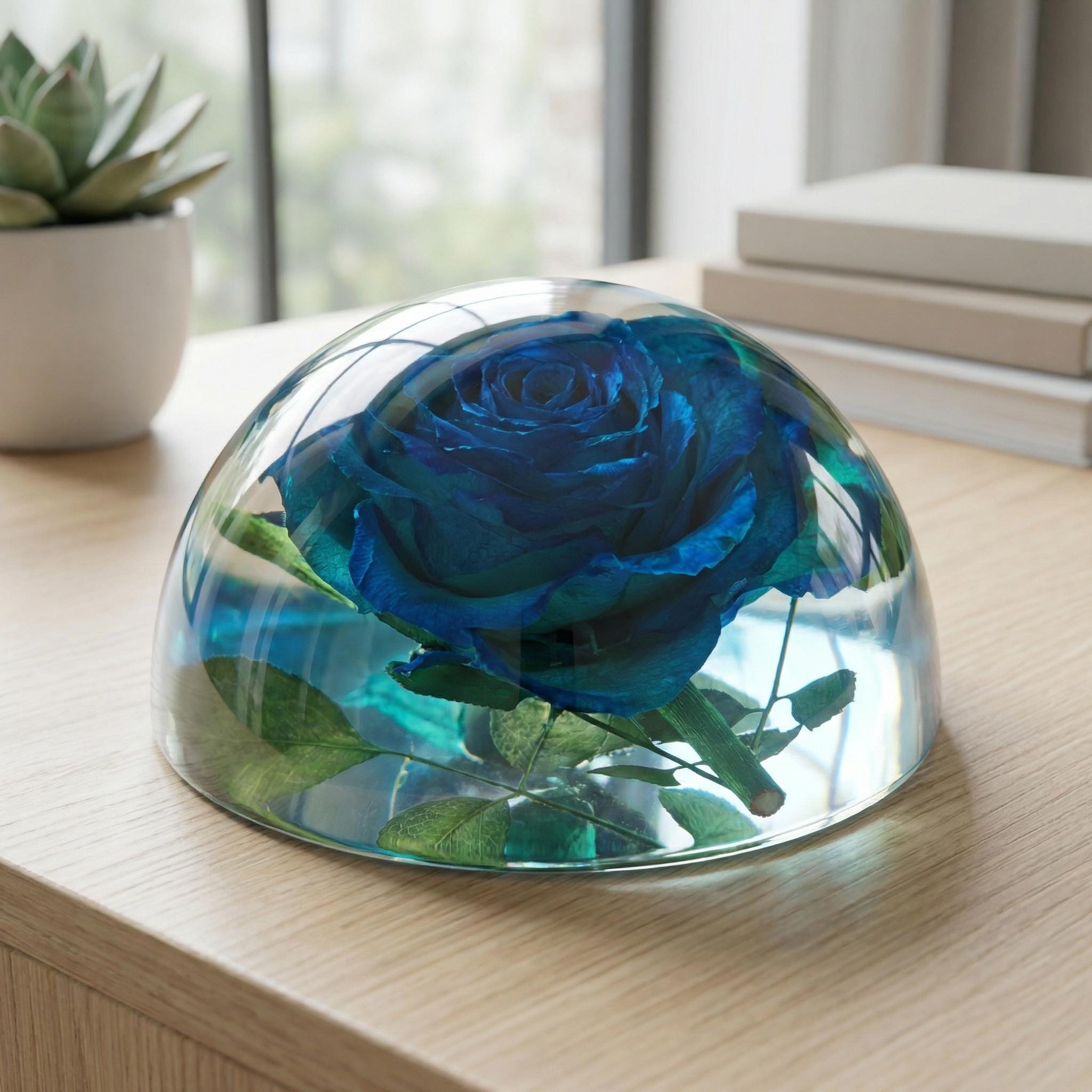 Preserved Blue Rose Resin Dome, Half Sphere Paperweight, Eternal Flower ...