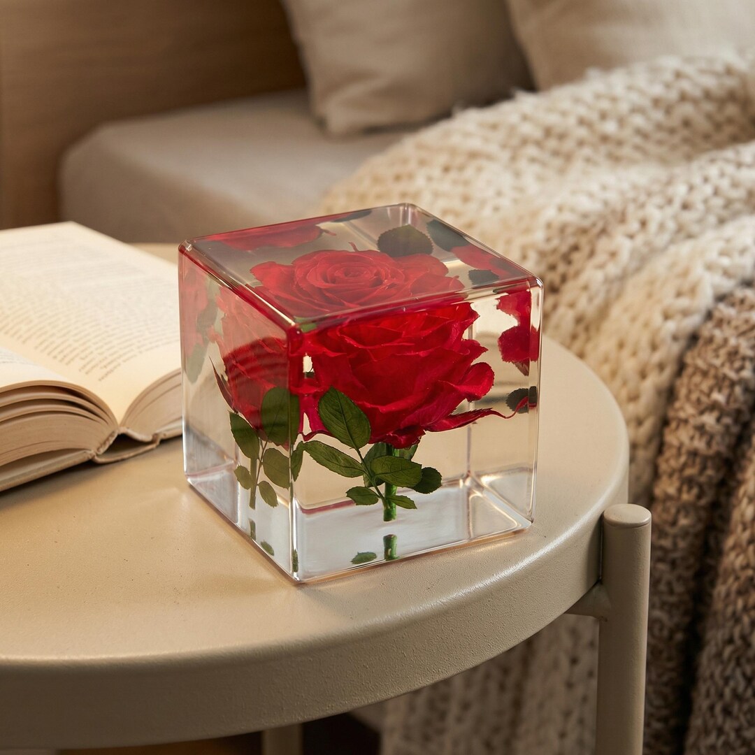 Luxury Crystal Rose Cube With LED Base, Preserved Red Rose in Resin ...