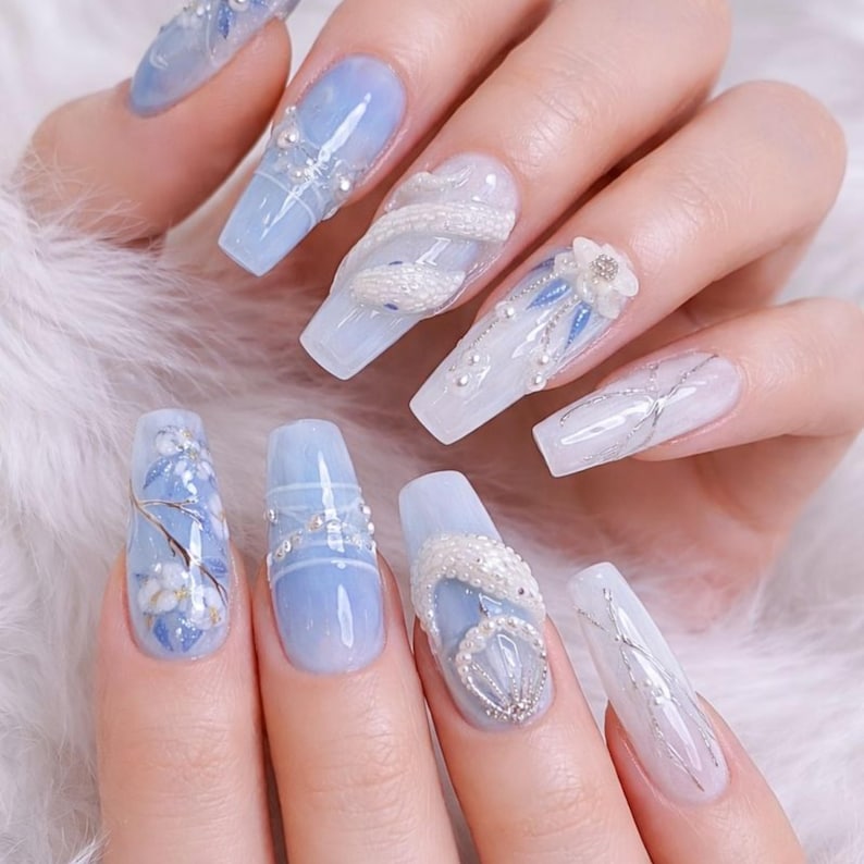 3D Snake & Jade Press on Nails, Asian-inspired Blue Nail Art Set With ...