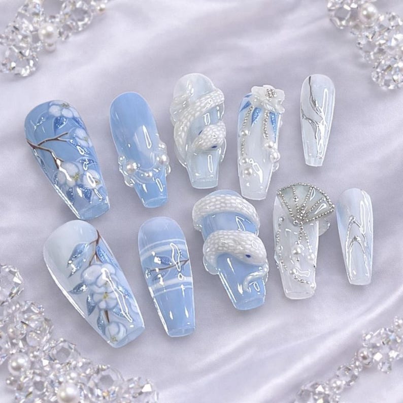 3D Snake & Jade Press on Nails, Asian-inspired Blue Nail Art Set With ...