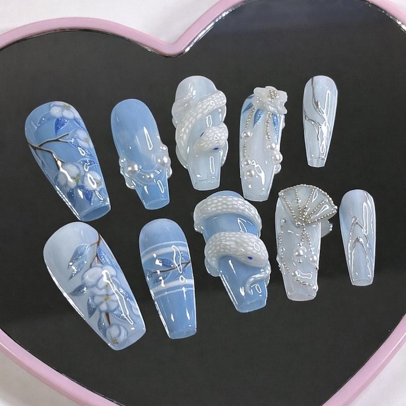 3D Snake & Jade Press on Nails, Asian-inspired Blue Nail Art Set With ...
