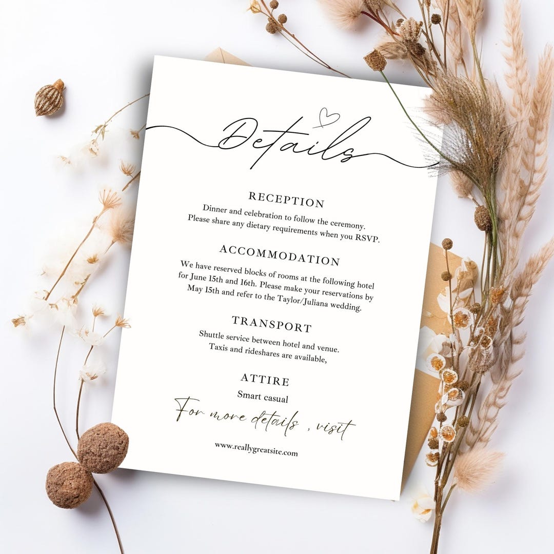 Editable Modern Wedding Details Card | Wedding Accommodation ...