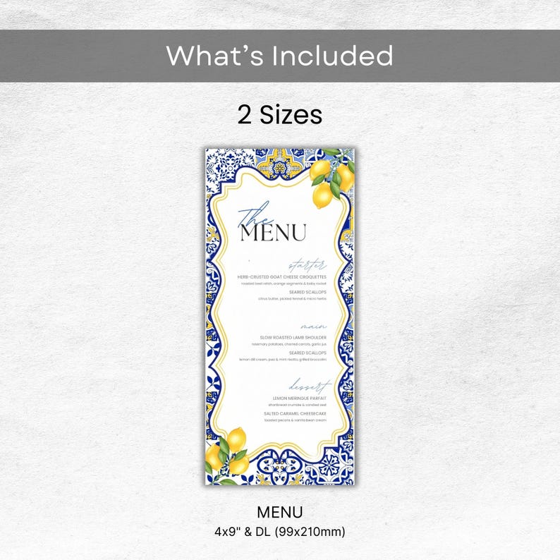 Lemon Wedding Menu Template, Amalfi Coast Wedding Menu, Blue Tile ...