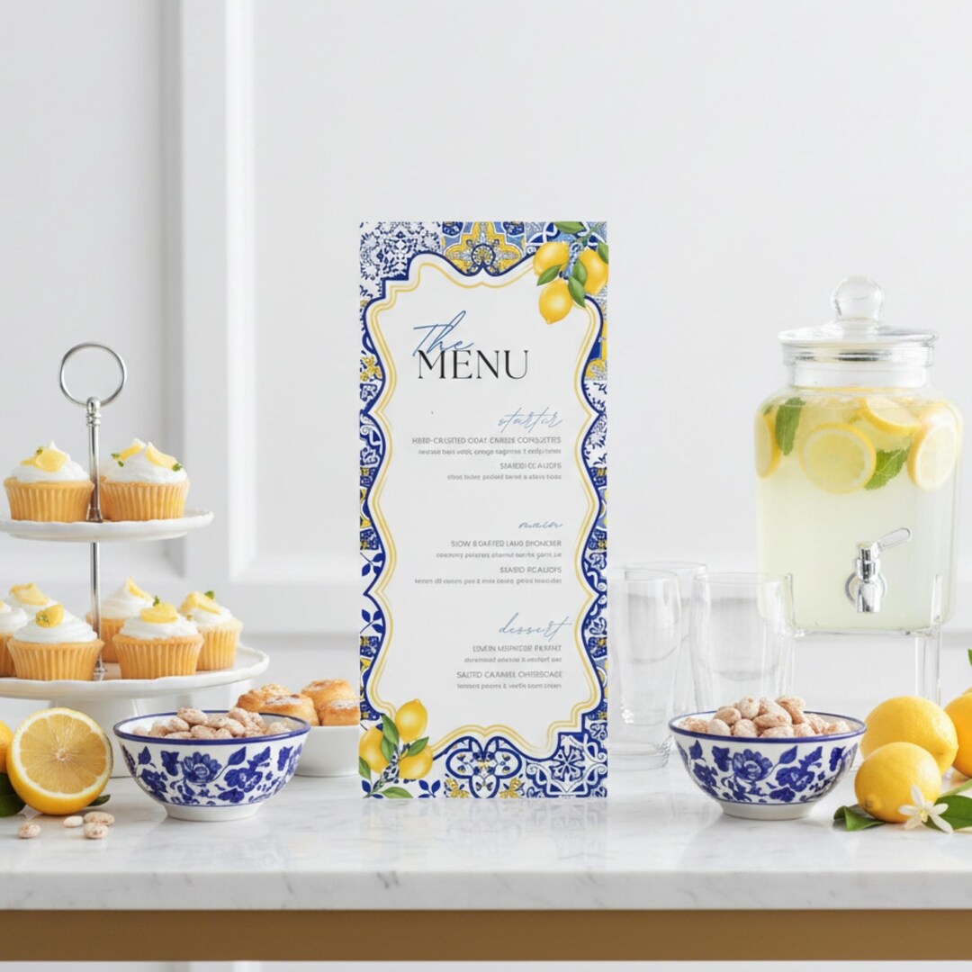 Lemon Wedding Menu Template, Amalfi Coast Wedding Menu, Blue Tile ...