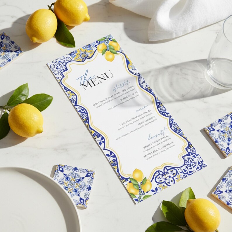 Lemon Wedding Menu Template, Amalfi Coast Wedding Menu, Blue Tile ...
