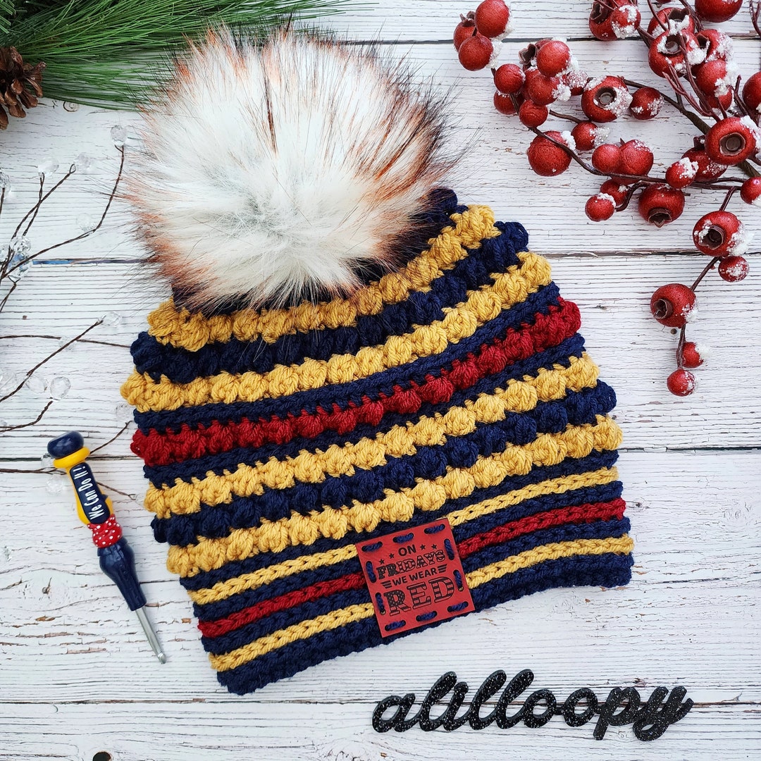 RED Friday Slouchy Beanie: Navy, Gold, Red Crochet Hat With Faux Fur ...