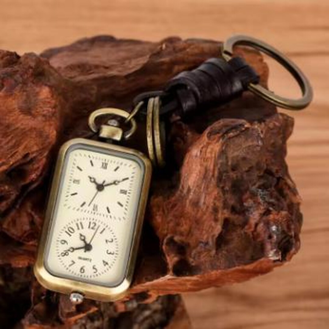 Dual Time Zone Pocket Watch Keychain: Vintage Rectangle Quartz ...