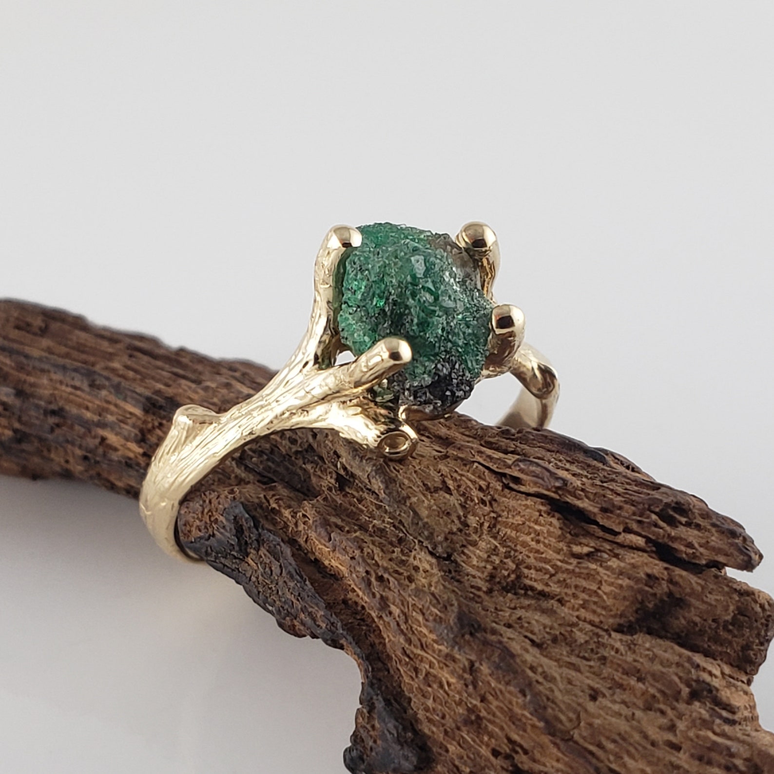 14k Yellow Gold Raw Emerald Engagement Ring Genuine Emerald - Etsy