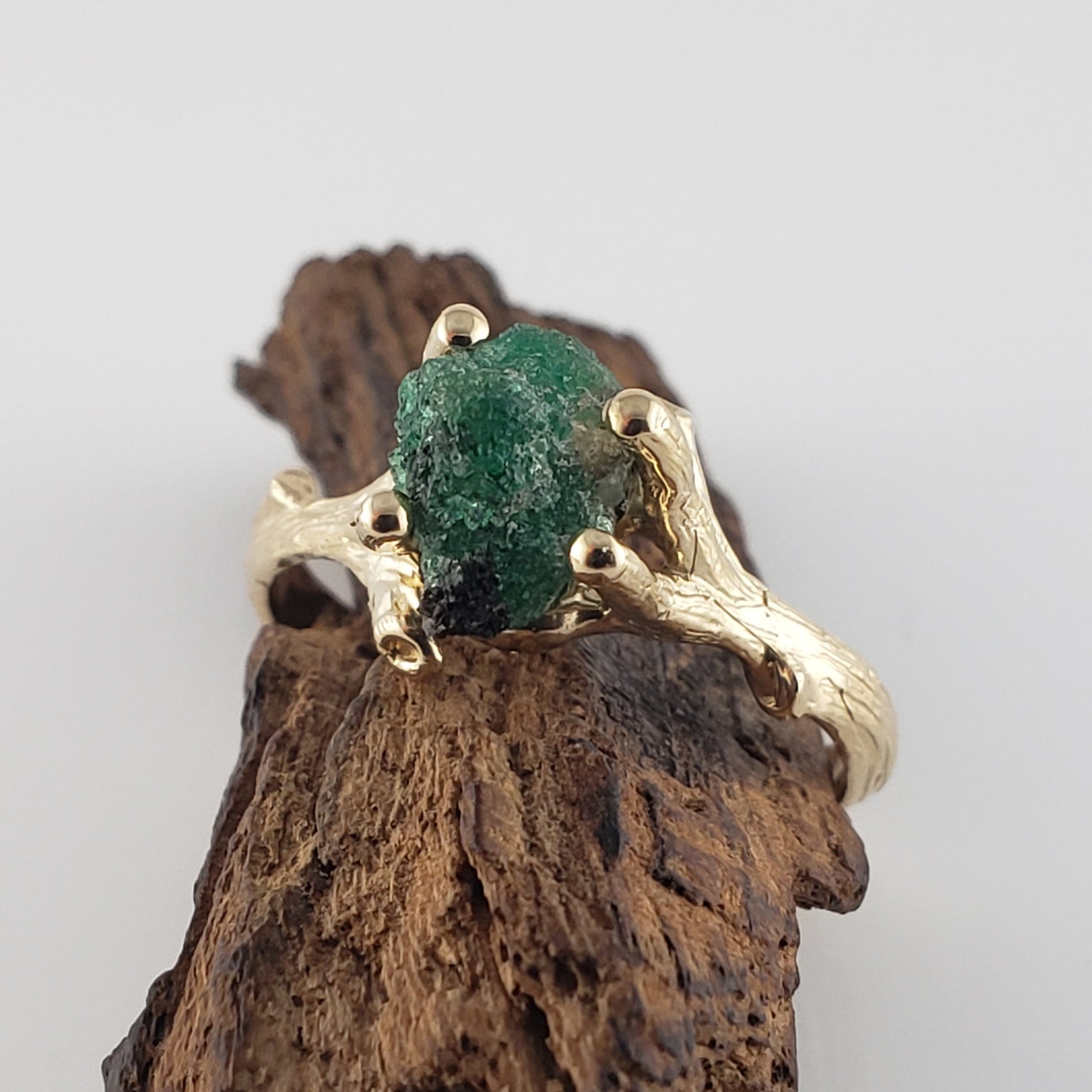 14k Yellow Gold Raw Emerald Engagement Ring Genuine Emerald | Etsy