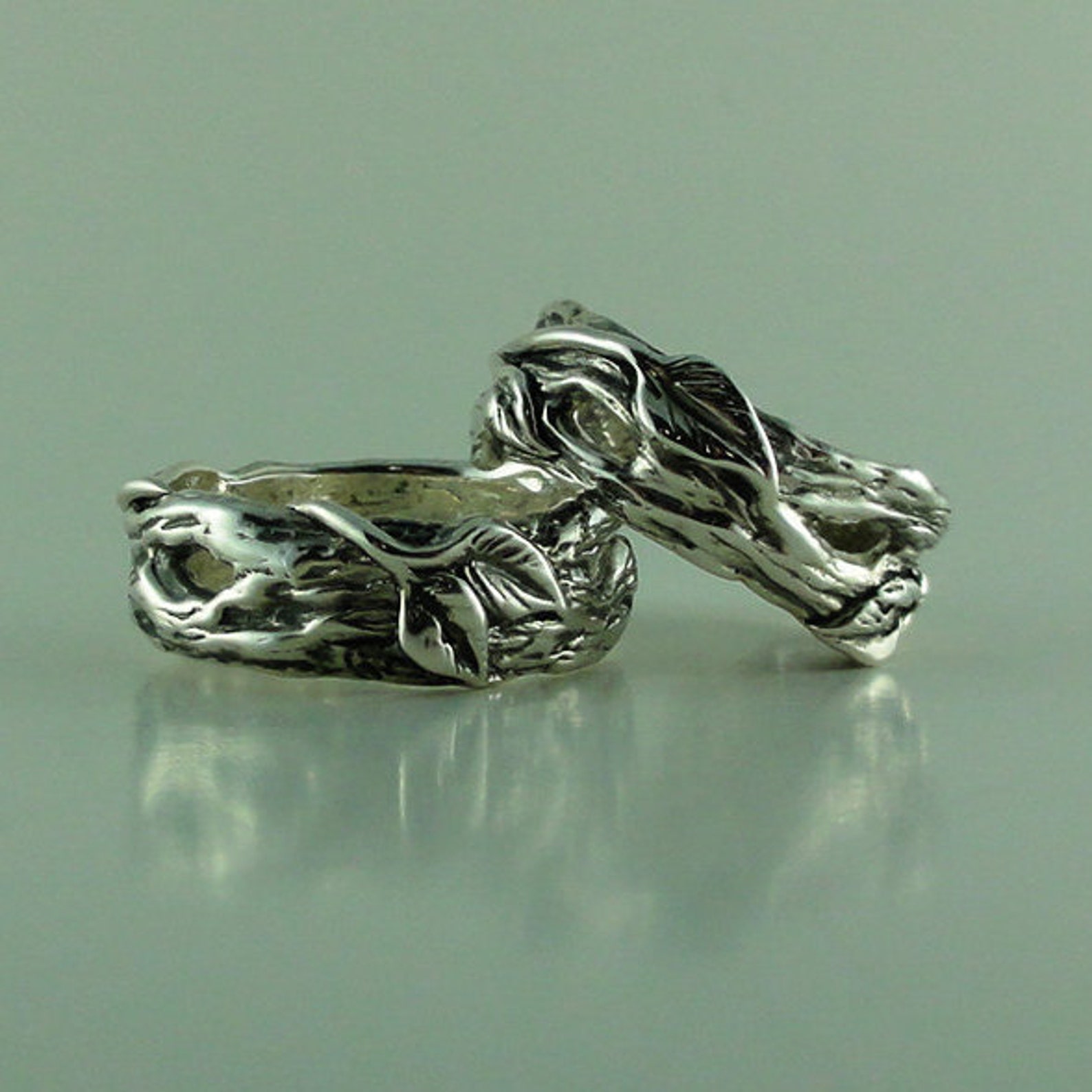 Sterling Silver Twig and Leaf Wedding Band Set Tree Branch - Etsy