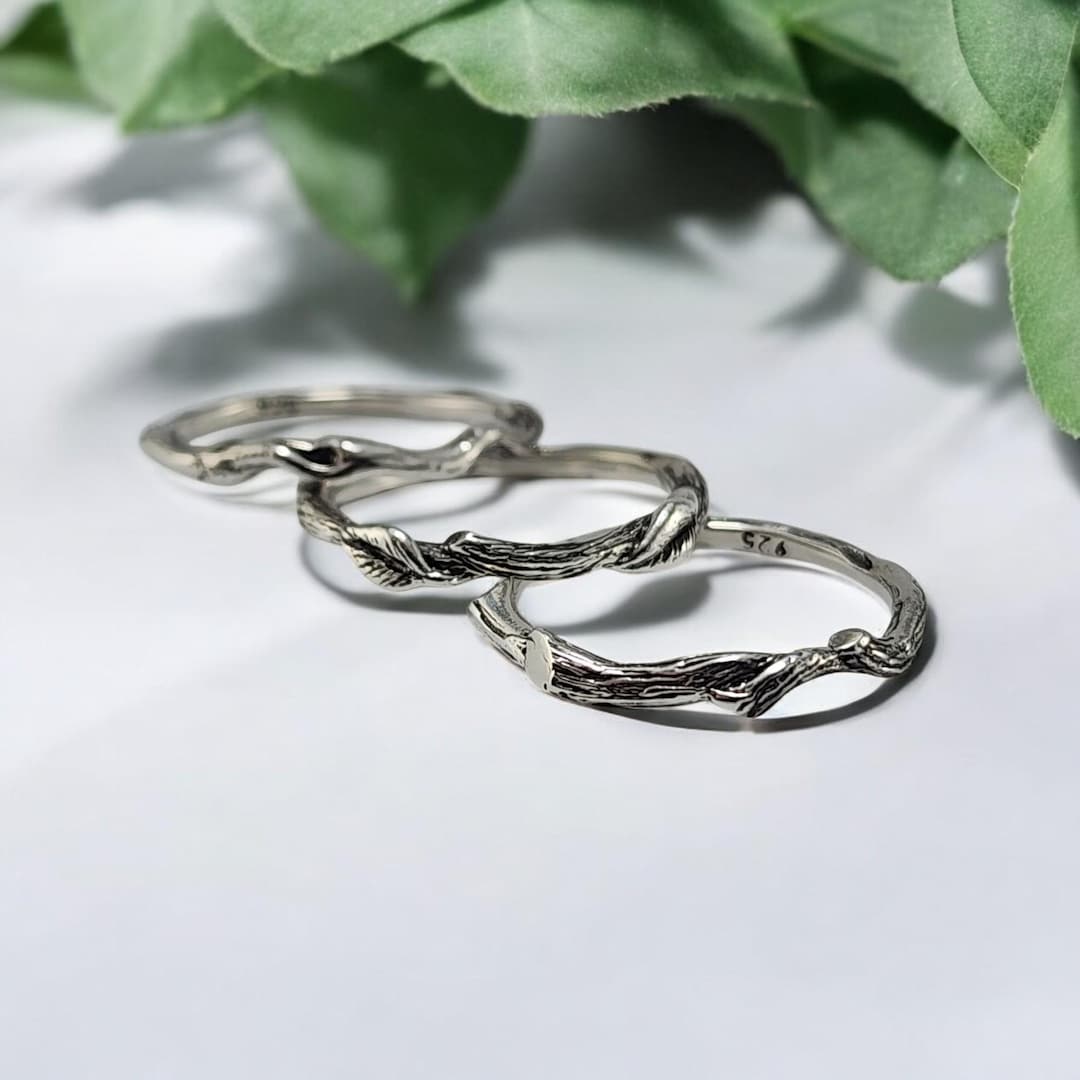 Leaf Twig & Vine Stackable Rings - Sterling Silver Rings Set of 3 - Etsy
