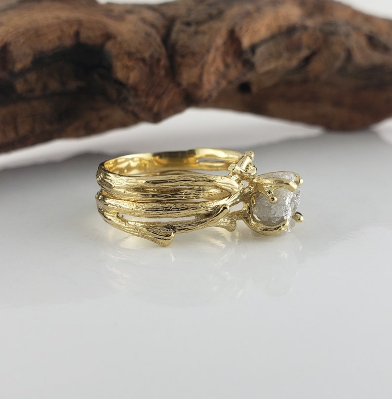Gold Raw Diamond Ring Bridal Set Gold Engagement Ring - Etsy