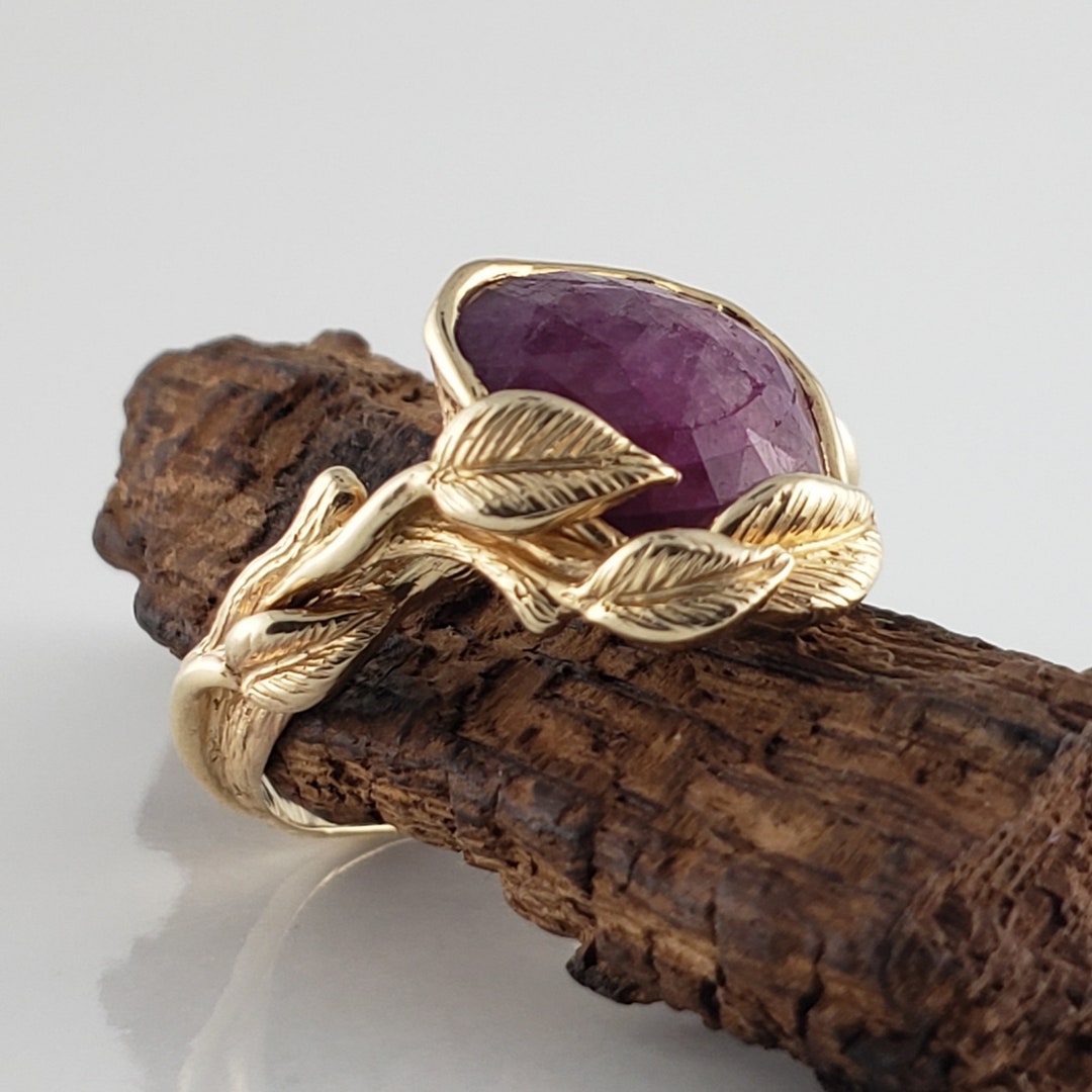 Raw Ruby Leaf and Twig Engagement Ring, Nature Inspired Anniversary Ring, Hand Sculpted by DV ...