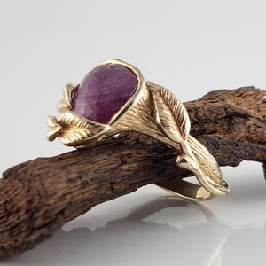 Raw Ruby Leaf and Twig Engagement Ring, Nature Inspired Anniversary Ring, Hand Sculpted by DV ...