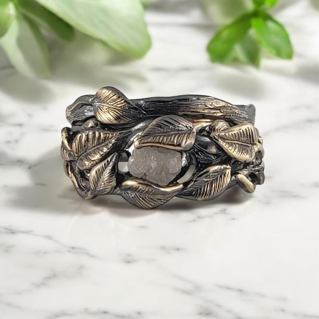 Black Rhodium Raw Diamond Tree Branch Wedding Band - Unique Uncut ...