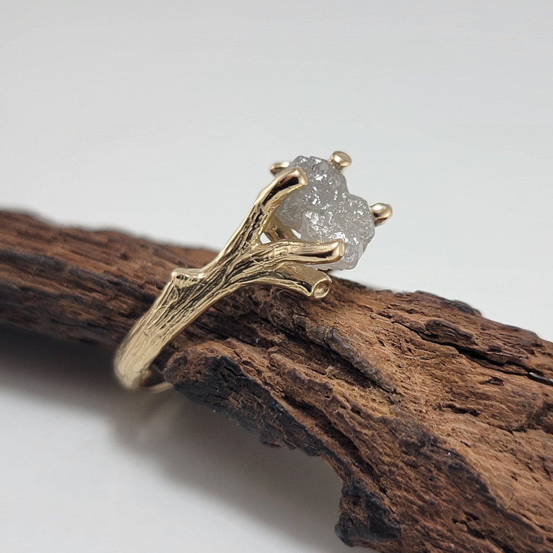 Rough Diamond Engagement Ring in 14k Yellow Gold, Twig and Branch Style ...