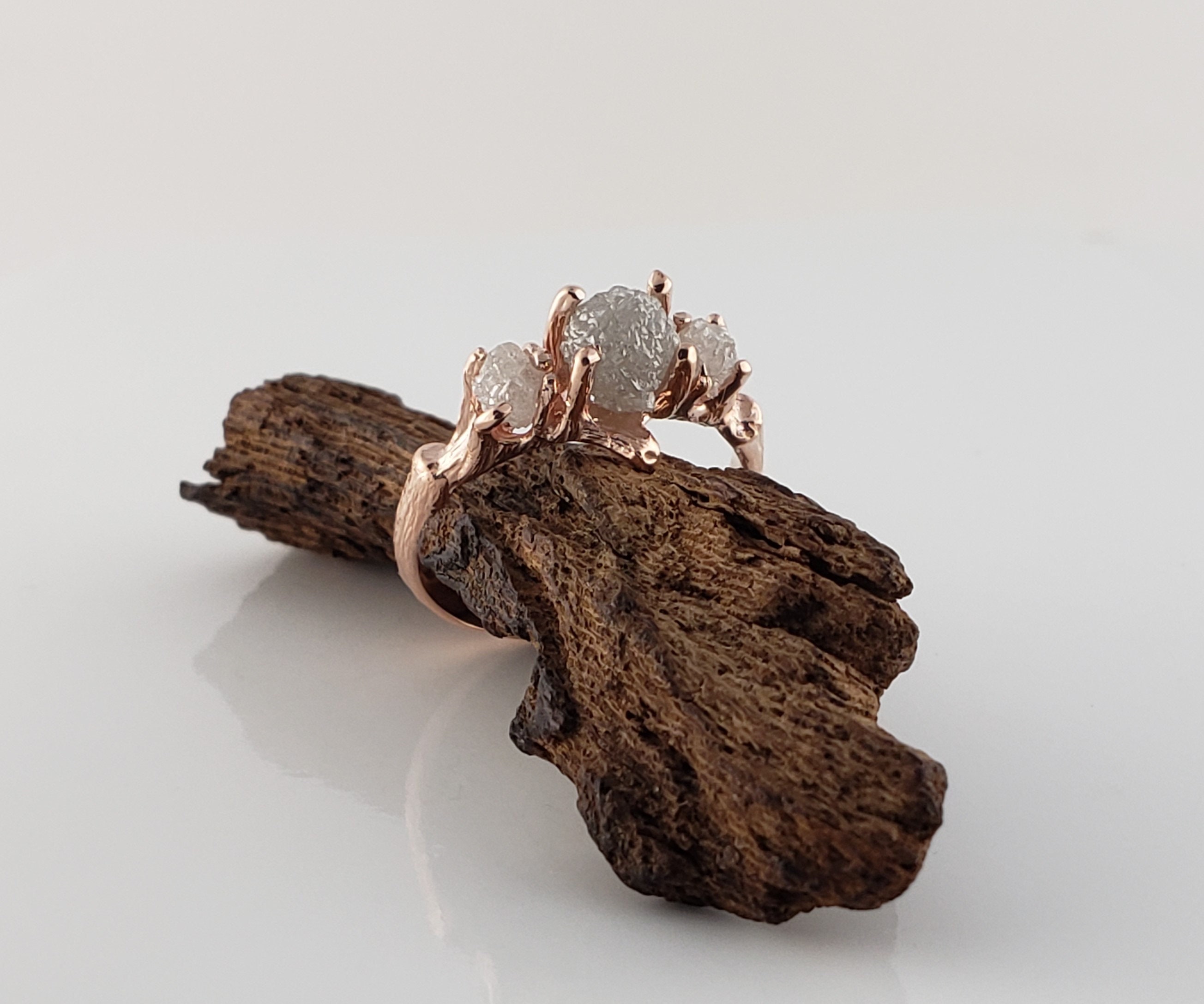 14k Rose Gold 3 Rough Raw Diamond Engagement Ring by Dawn | Etsy